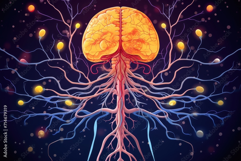 Colorful brain neurons, realm of brain oncology, shadows emerge. Tumors ...