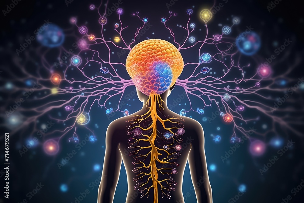 Colorful brain neurons, realm of brain oncology, shadows emerge. Tumors ...