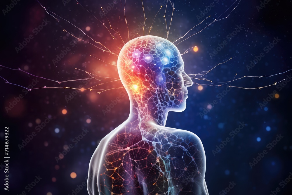 Colorful brain neurons, realm of brain oncology, shadows emerge. Tumors ...