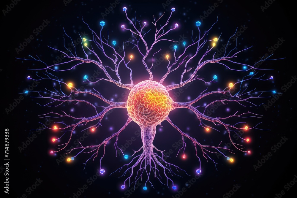Colorful brain neurons, realm of brain oncology, shadows emerge. Tumors ...