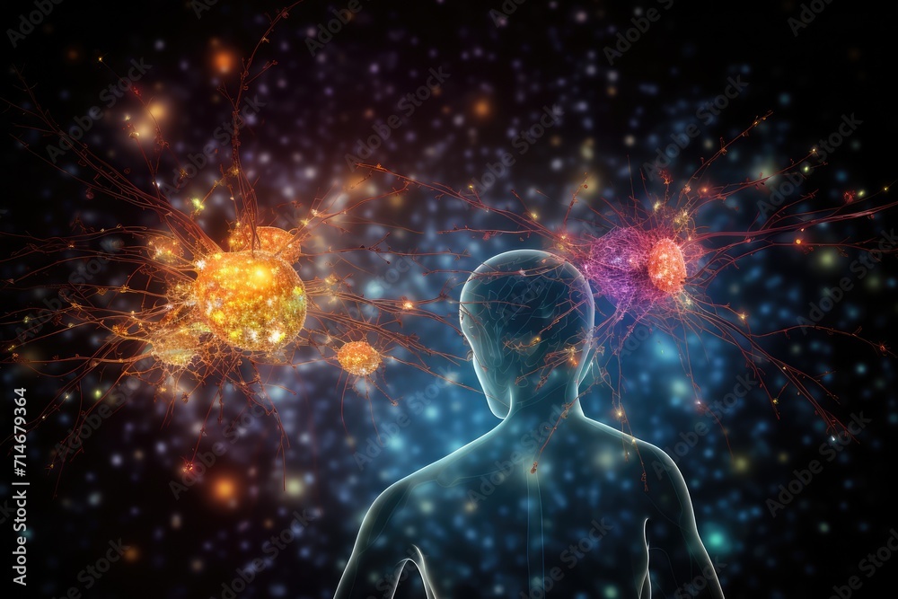 Colorful brain neurons, realm of brain oncology, shadows emerge. Tumors ...