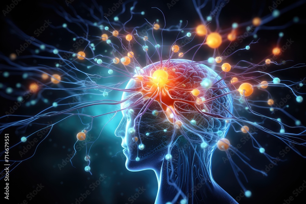 Colorful brain neurons, realm of brain oncology, shadows emerge. Tumors ...