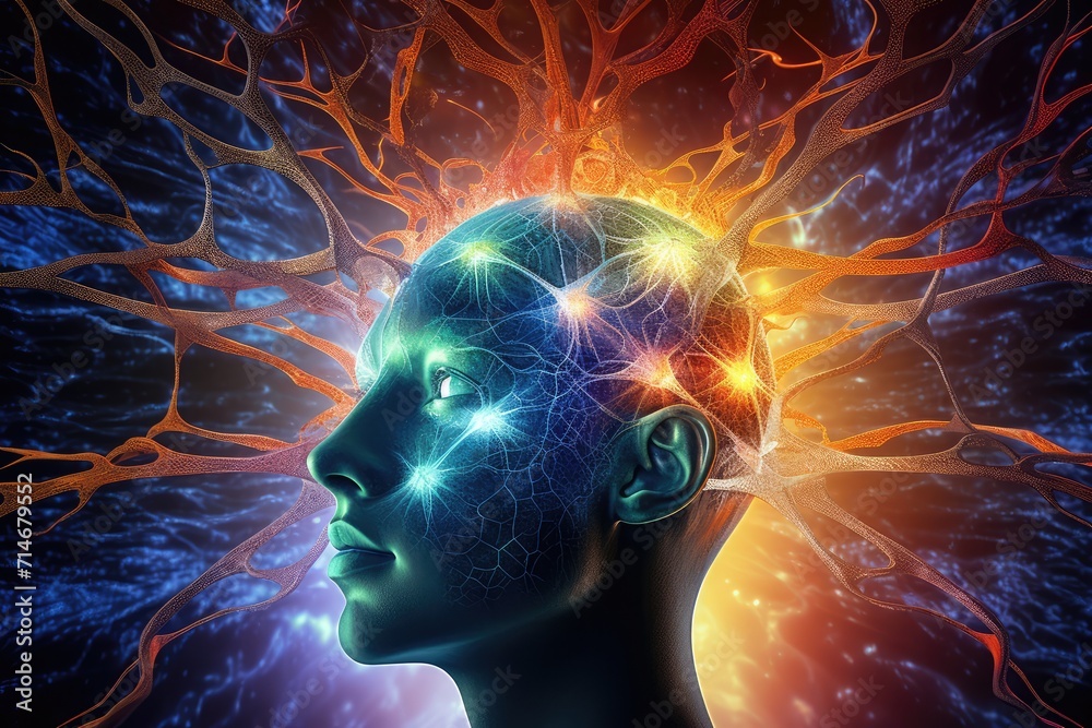 Colorful brain neurons, realm of brain oncology, shadows emerge. Tumors ...