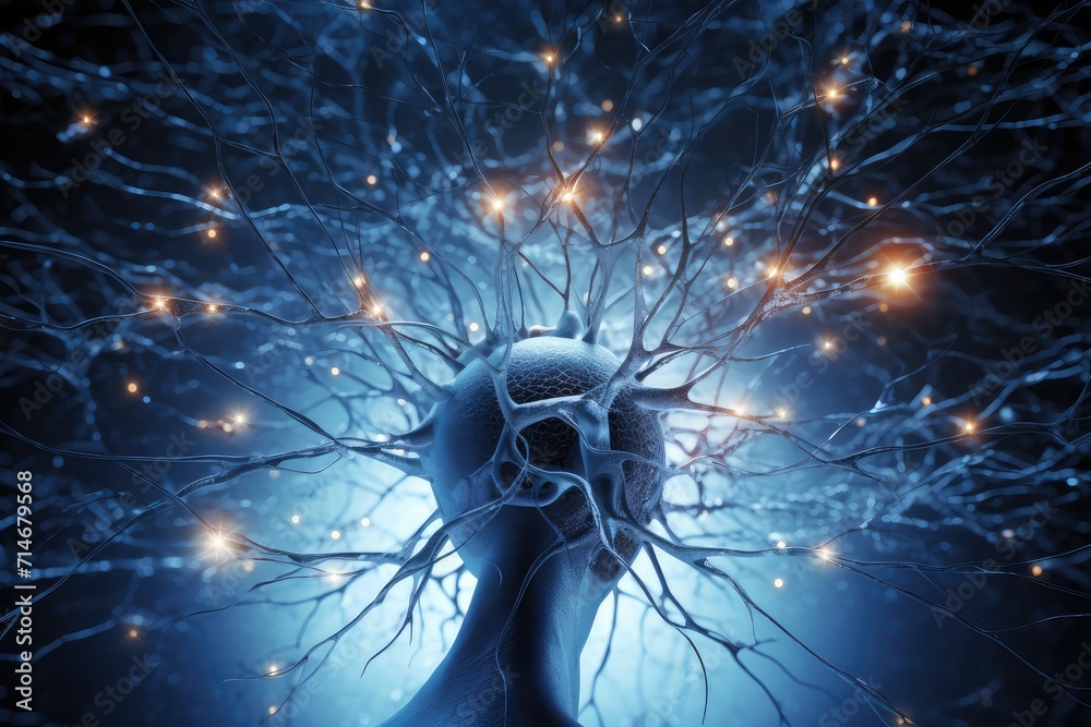 Colorful brain neurons, realm of brain oncology, shadows emerge. Tumors ...