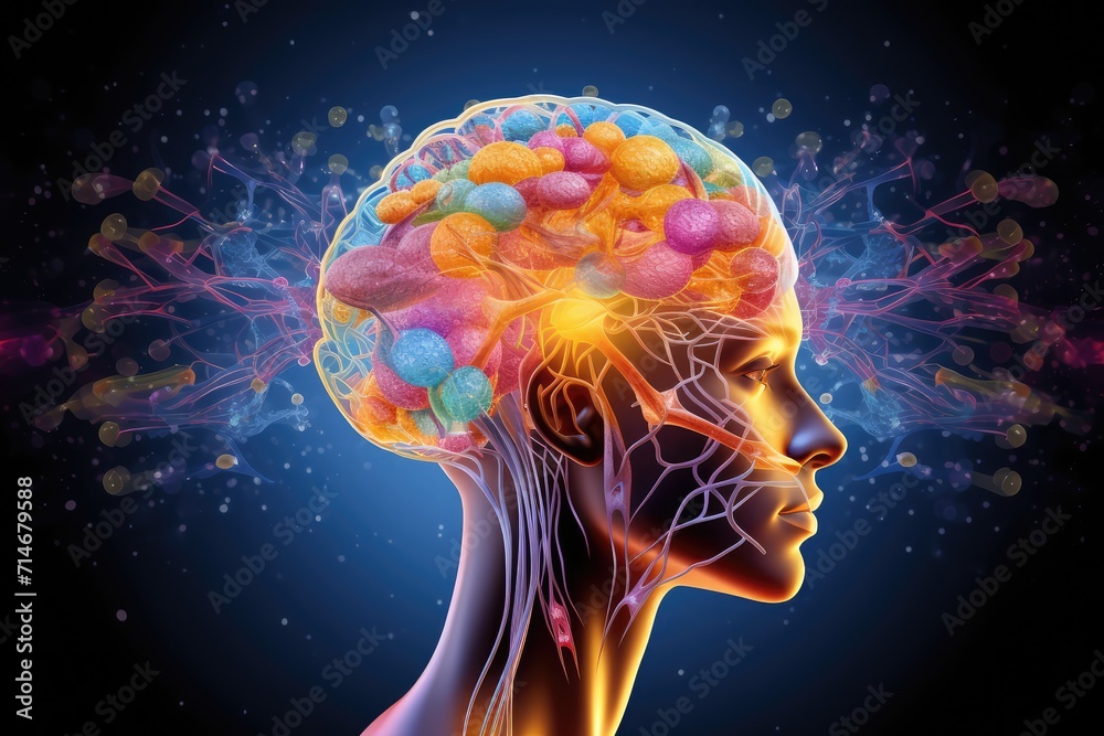 Colorful brain neurons, realm of brain oncology, shadows emerge. Tumors ...