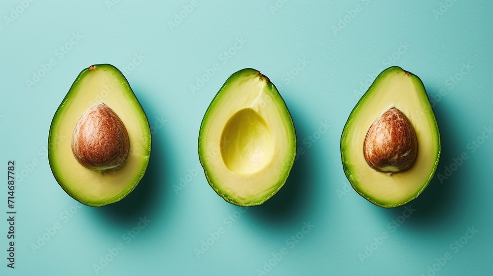 Three halves of ripe avocados lined up on a teal background, showcasing ...