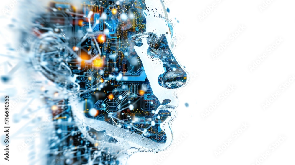 AI Artificial Intelligence Robot Head with digital graphic Brain Engine inside Isolated on white ...