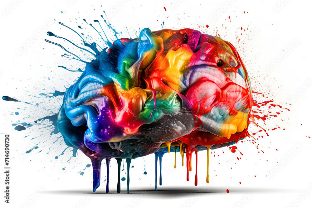 Rainbow brain with splashes of paint on a white background. Generating ...