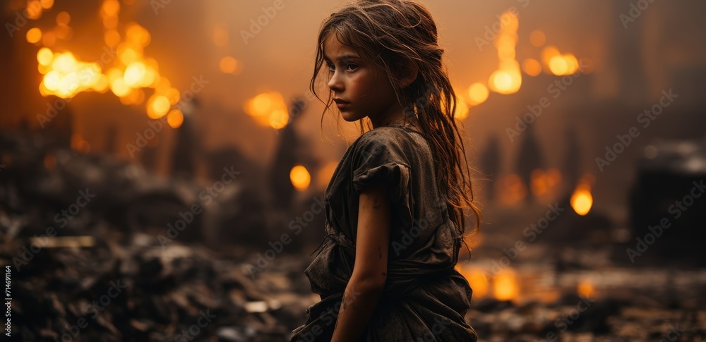 A lonely girl standing in the destroyed street city with fire building ...