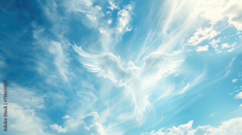 Angel spirit in blue sky with clouds. Symbol of dove of peace . Stock ...