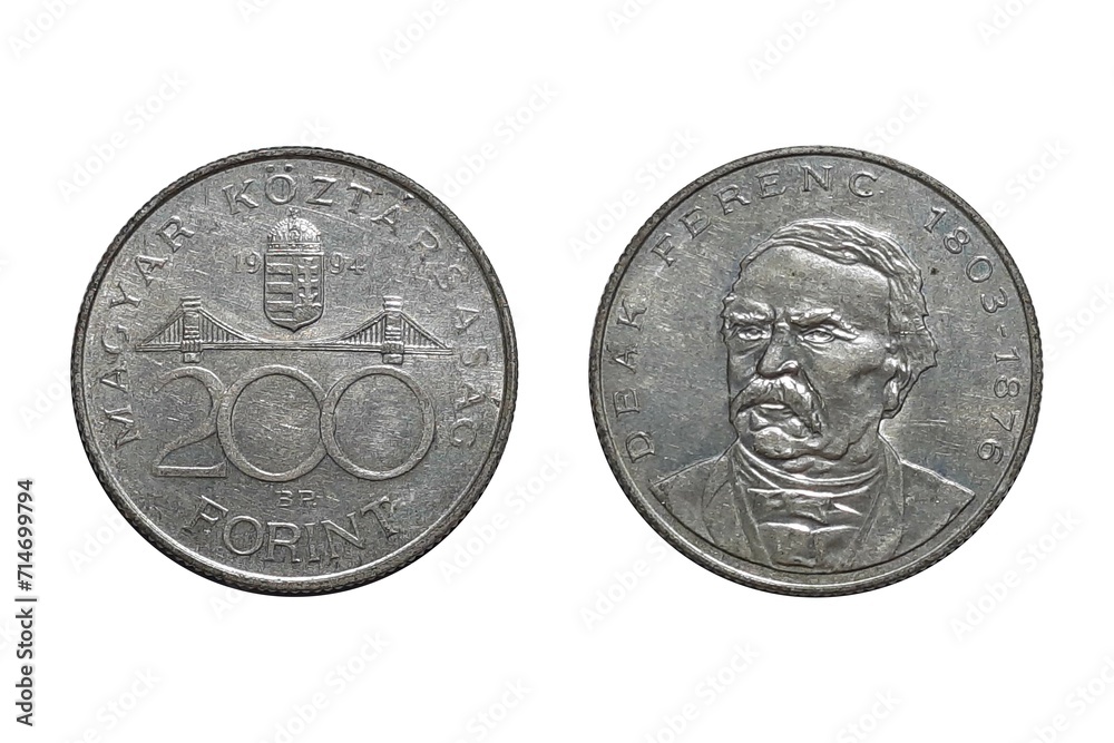 200 Forint 1994 Deák Ferenc. Coin of Hungary. Obverse Erzsébet Bridge ...