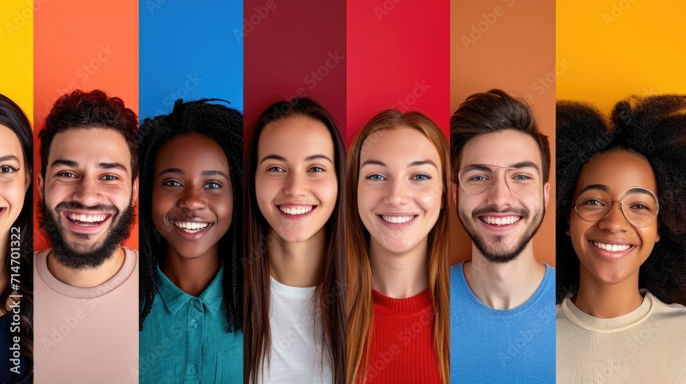 Row Of Multiracial People Faces Posing Smiling To Camera Over Colored ...