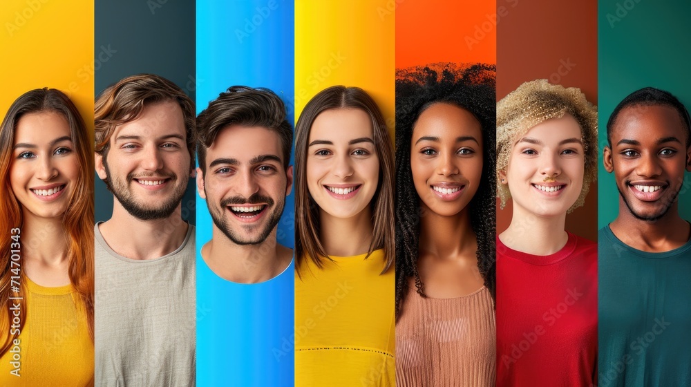 Row Of Multiracial People Faces Posing Smiling To Camera Over Colored ...