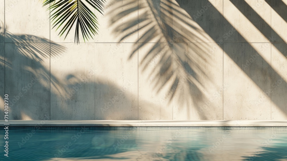 Vacation summer background with concrete wall, pool water and palm leaf ...