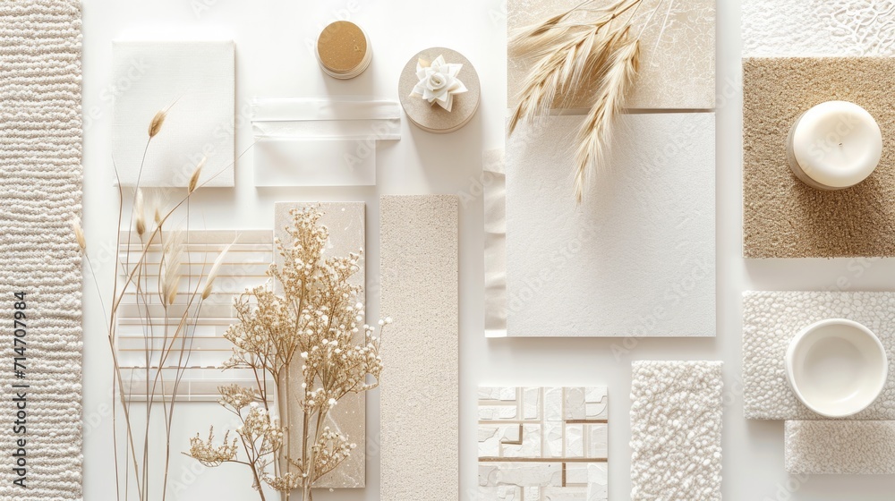 Modern flat lay composition in white and gold color palette with ...