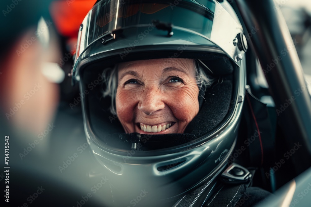 old woman inside a racing car, with helmet, the focus is her laughing ...