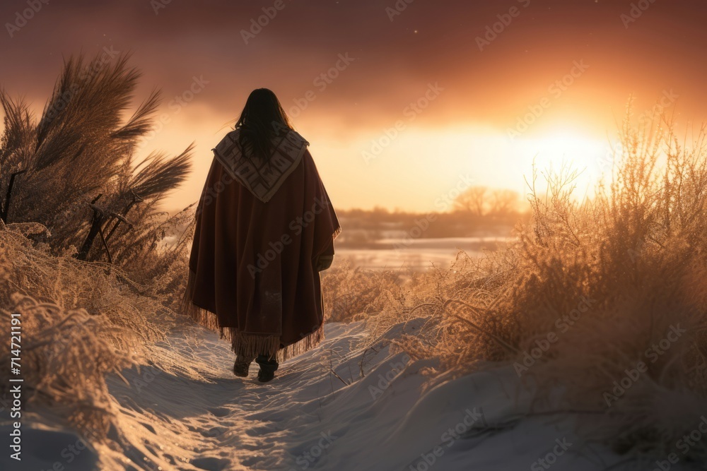Indigenous woman strolling. Enigmatic and native human with traditional ...