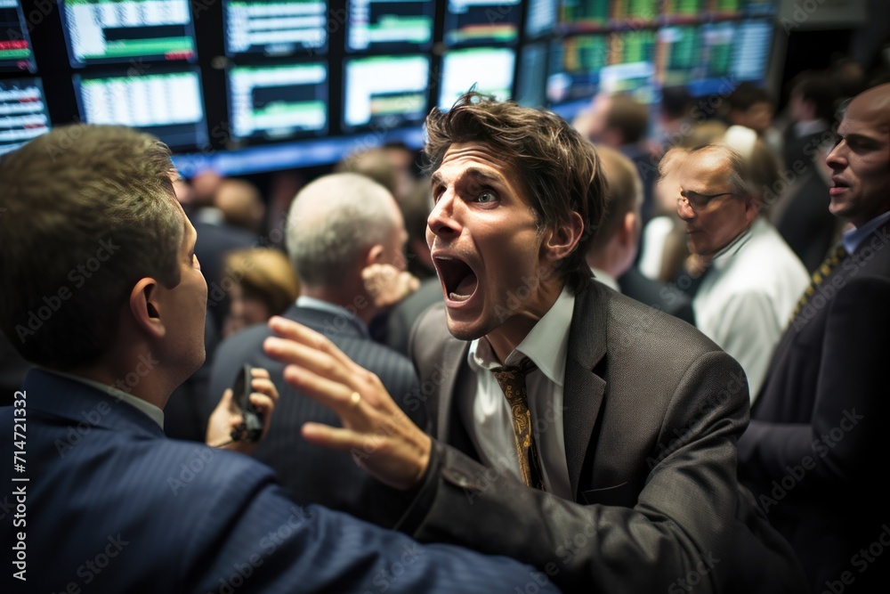 Trader at work with exaggerated facial expression during market crash. Surprised, frightened ...