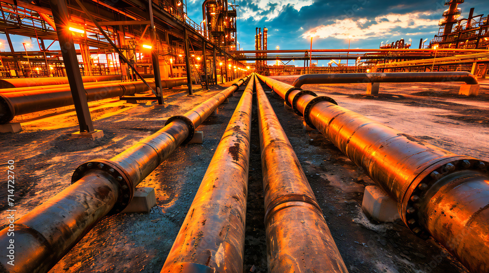 Gas refinery industrial plant with metal pipes, chemical processing ...
