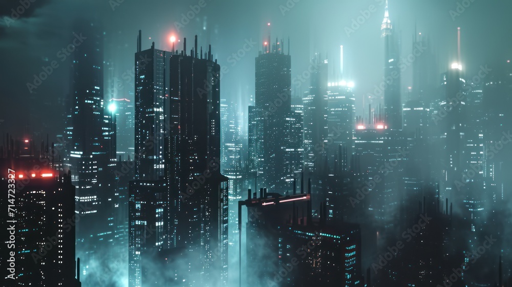 Cold winter with heavy snow of a futuristic city with modern skyscraper ...