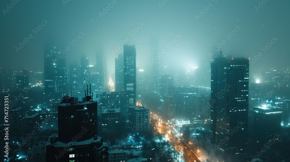 Cold winter with heavy snow of a futuristic city with modern skyscraper ...