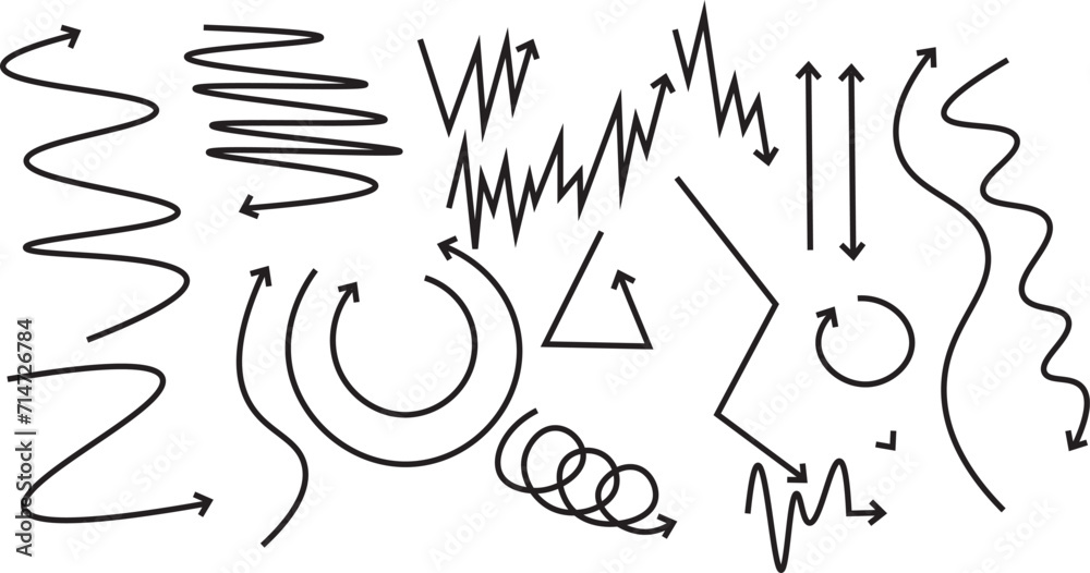 Arrow hand drawn different shape direction black line set. Selection ...