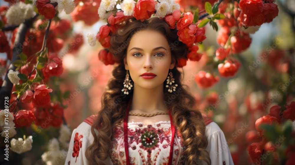krainian woman wearing a traditional folk costume, adorned with a ...