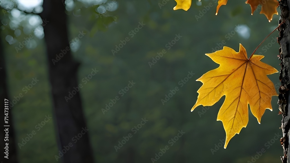 Generative ai. a yellow leaf is falling off of a tree, flying leaves on ...