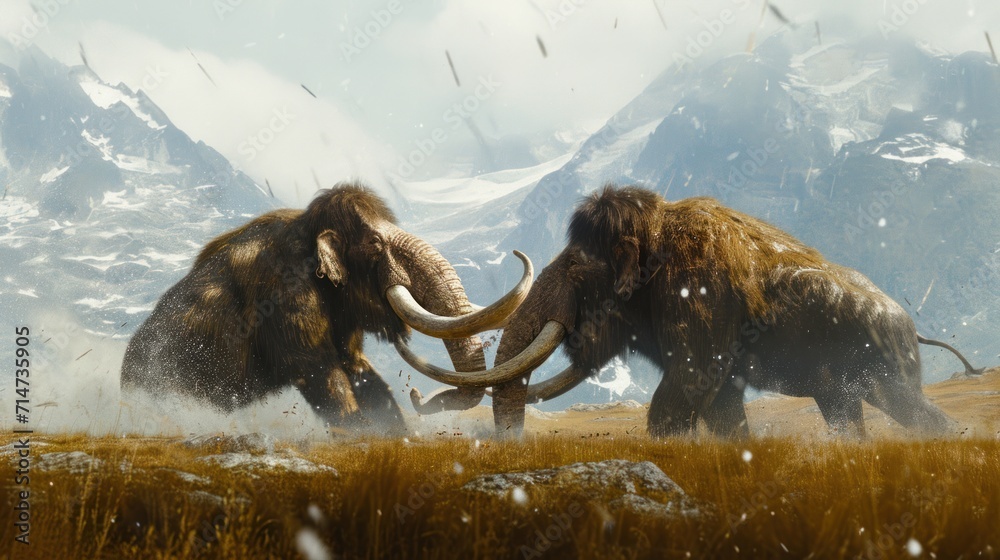 Two mammoths in a fight with prehistoric snow mountain background ...