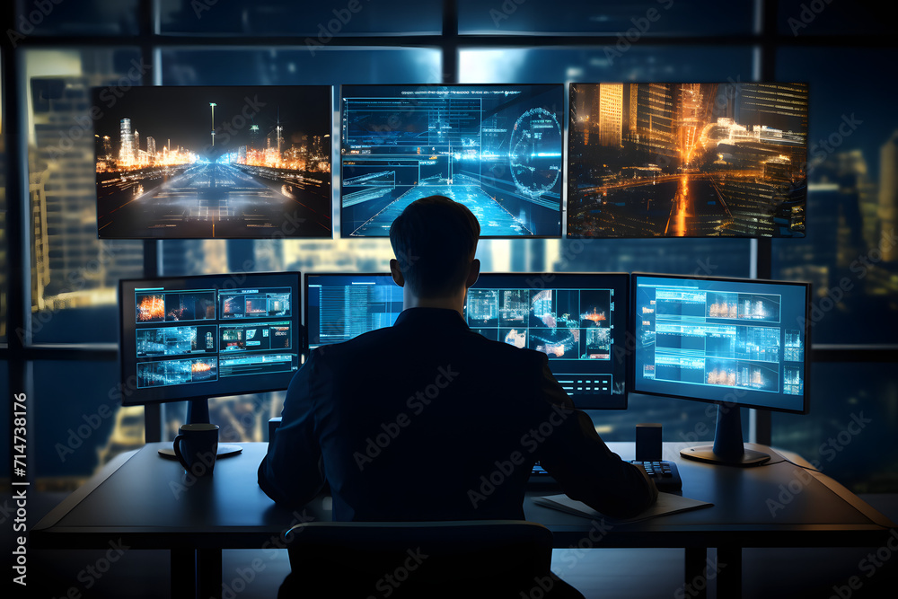 Cybersecurity expert at work, multiple screens, high-tech control room ...