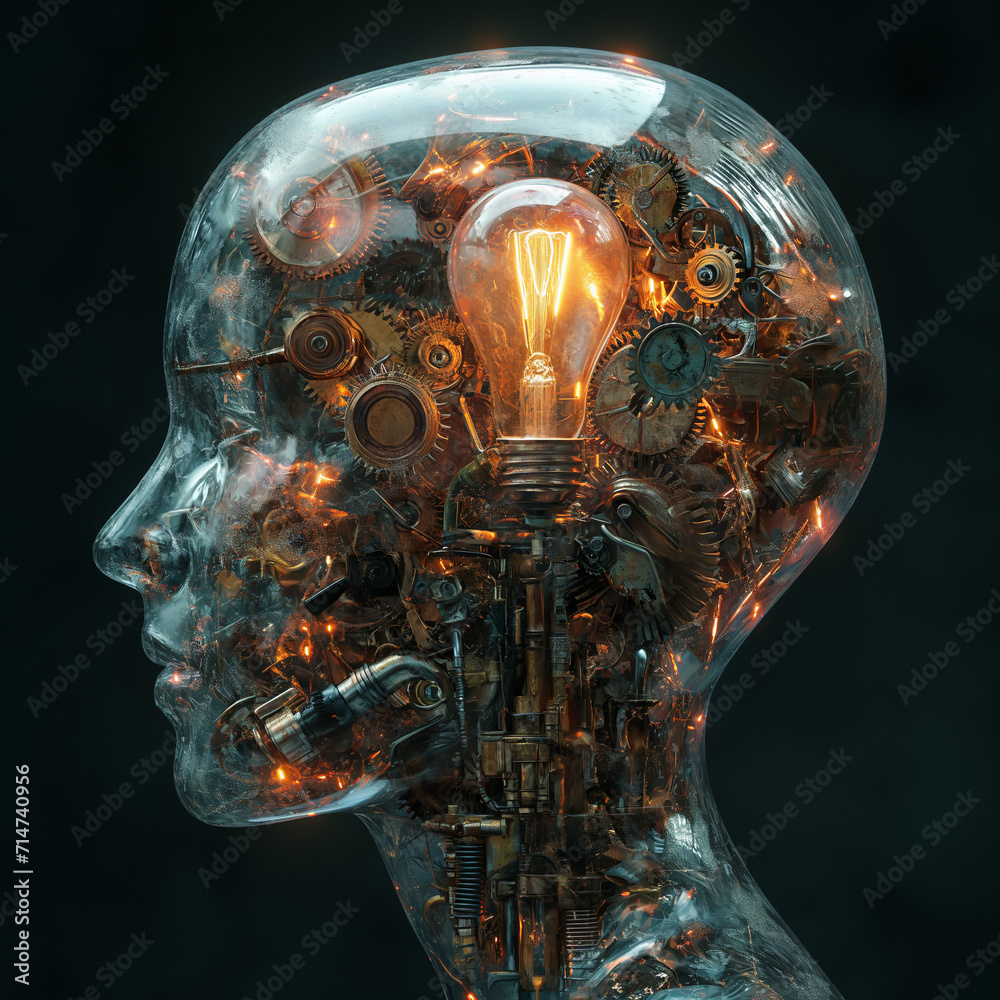 Künstlicher Kopf aus Glas mit Glühbirne im Gehirn für die Idee, ai ...