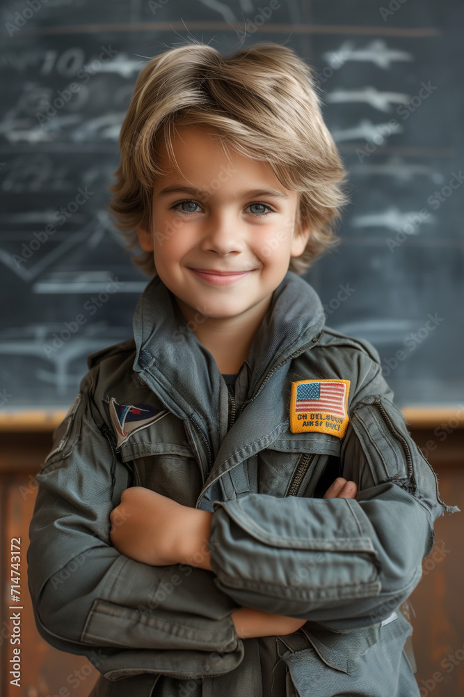 Smiling kid wearing pilot outfit. Little boy wearing a fighter jet ...