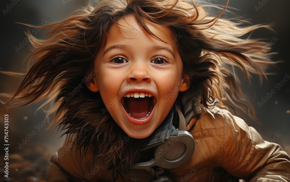 A beaming toddler girl captures the essence of pure joy as she stands ...