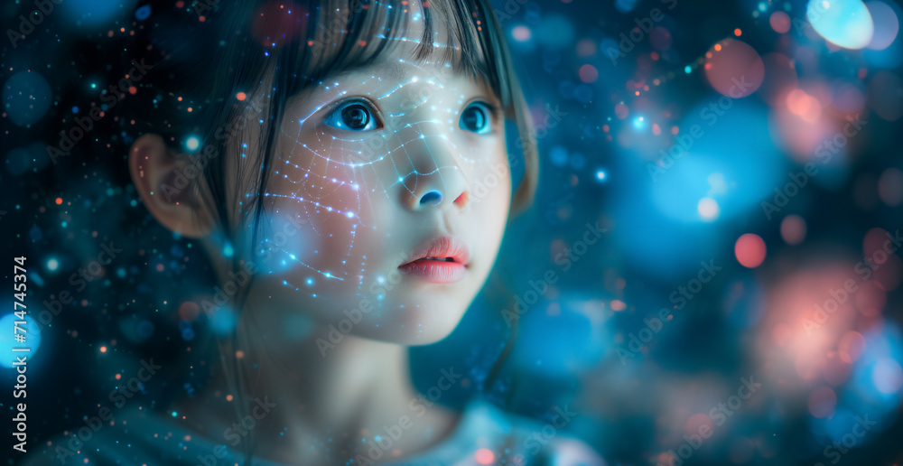 Education new technology. EdTech. young girl uses a futuristic ...