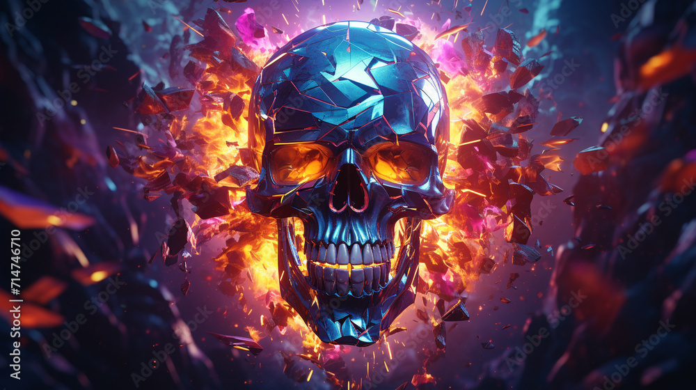 Neon synthwave skull exploding into shining polygons - 3D Illustration ...