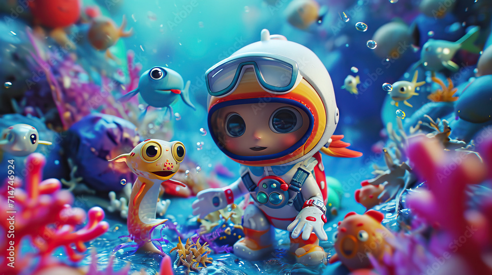 Undersea Odyssey: Curious Explorer with Goggles Encounters Animated Sea ...