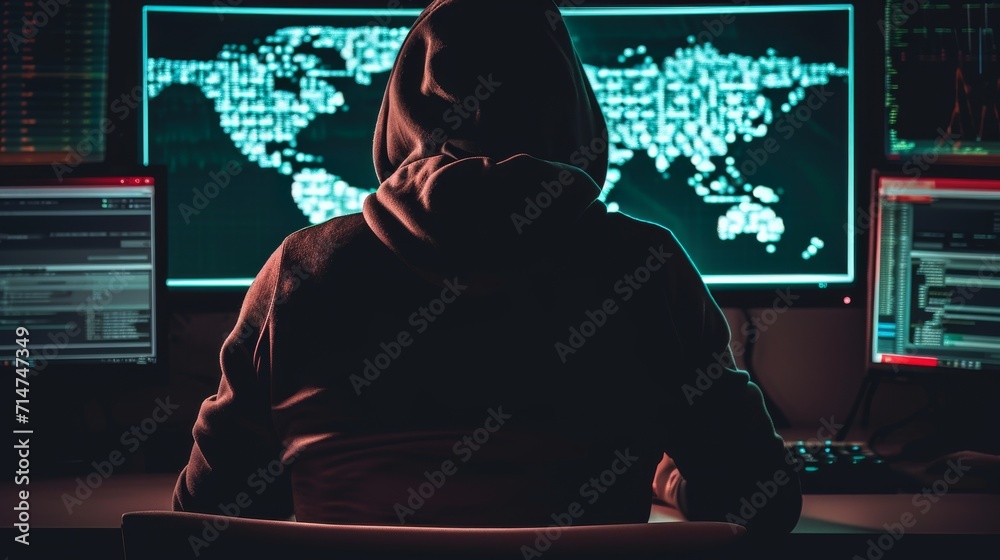 Silhouette of a hooded computer hacker behind multiple displays and digital information. Data ...