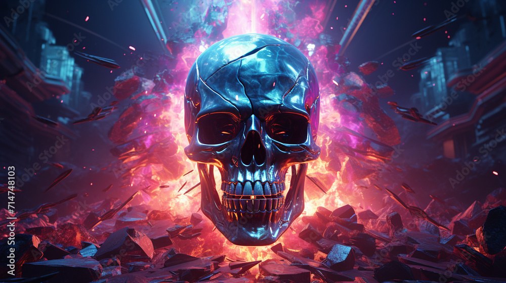 Neon synthwave skull exploding into shining polygons - 3D Illustration ...