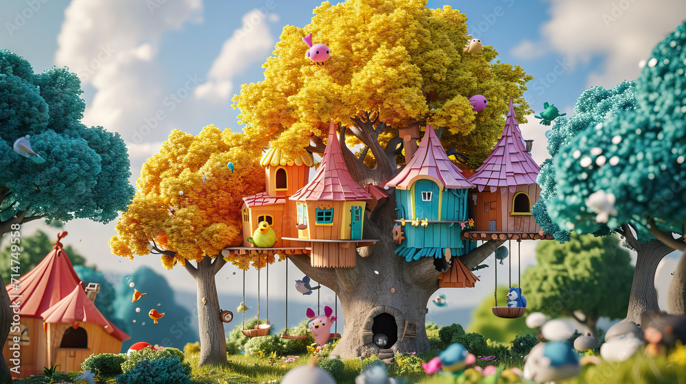 Treehouse Harmony: 3D Model of a Lively Village Among the Treetops ...