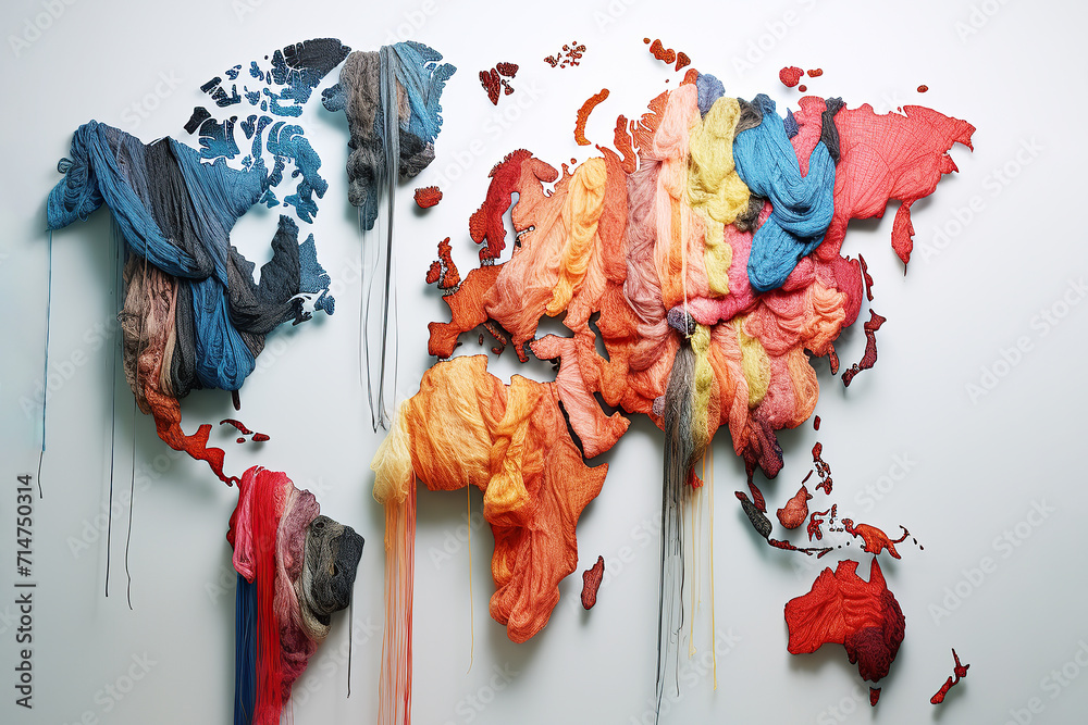 World Map made with threads depicting the global impact of fast fashion ...