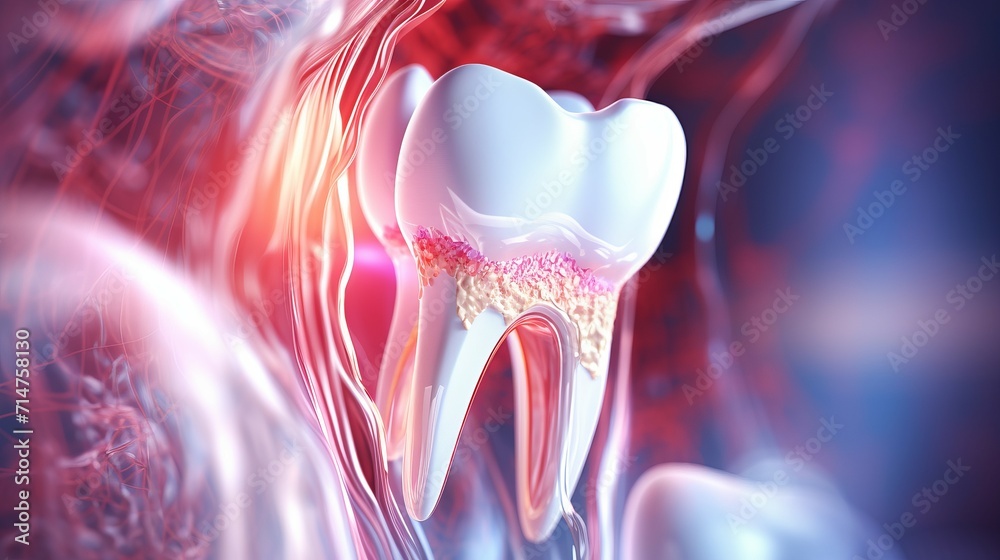 Translucent tooth with visible pulp, vessels and nerves against vibrant ...