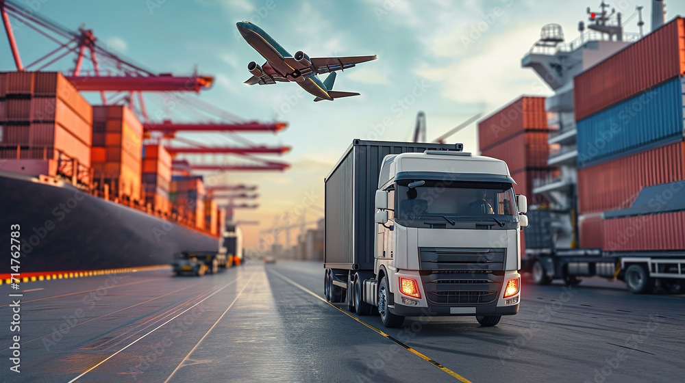 Container cargo freight ship during discharging at industrial port and ... Container cargo freight ship during discharging at industrial port and ...