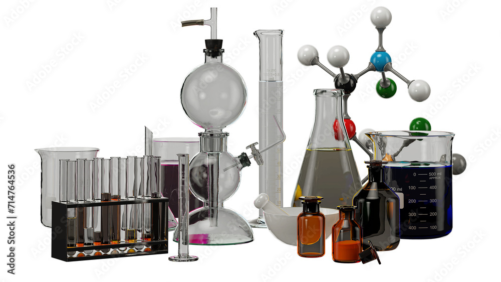 Chemical laboratory equipment with glass stills and beakers for mixing ...
