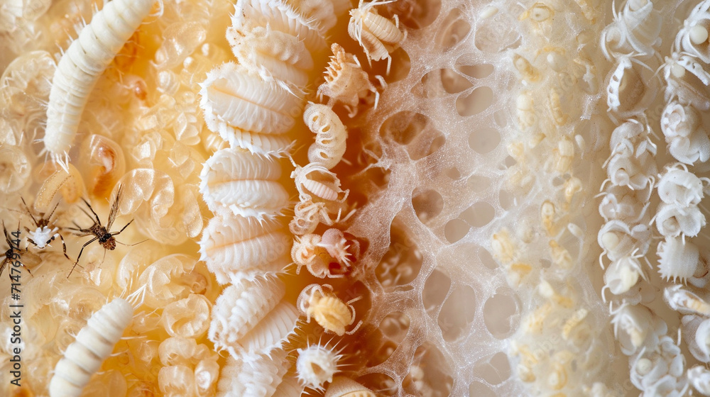 Silkworms in various stages of silk production, from tiny larvae to ...