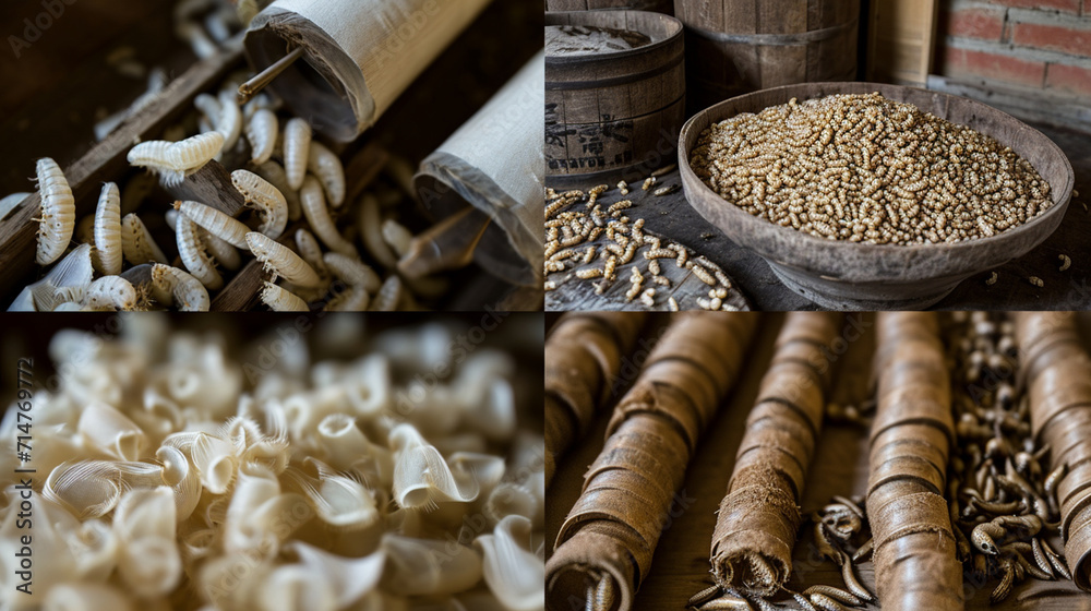 Silkworms in various stages of silk production, from tiny larvae to ...