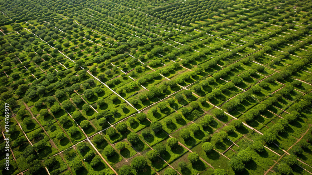 An aerial view of a vast silkworm farm, with neat rows of mulberry ...
