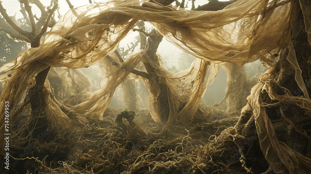 Silkworms exploring a rich landscape of silk-draped branches, creating ...