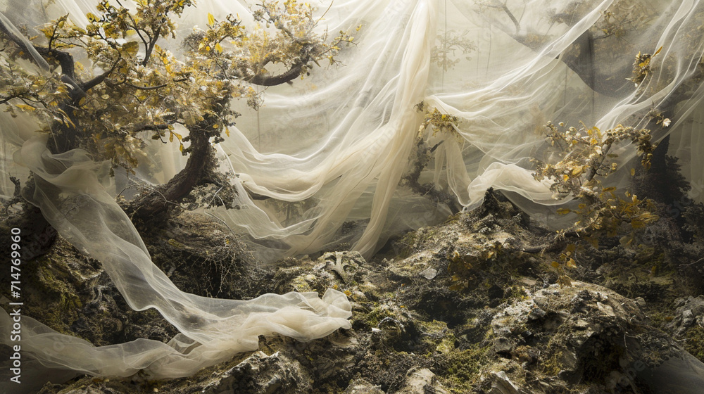 Silkworms exploring a rich landscape of silk-draped branches, creating ...