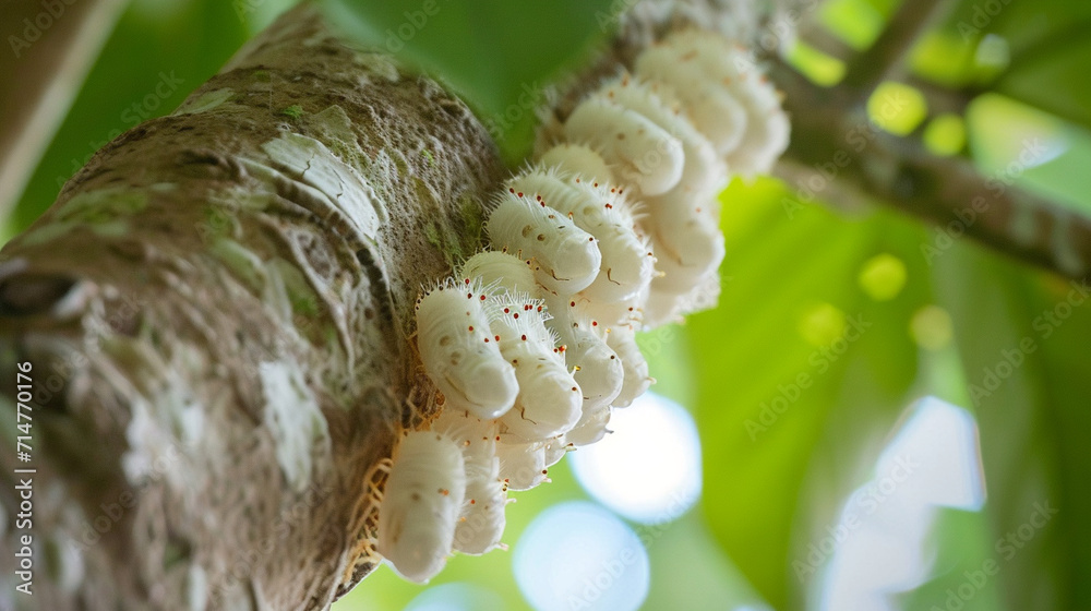 Silkworms in the process of metamorphosis, symbolizing the ...
