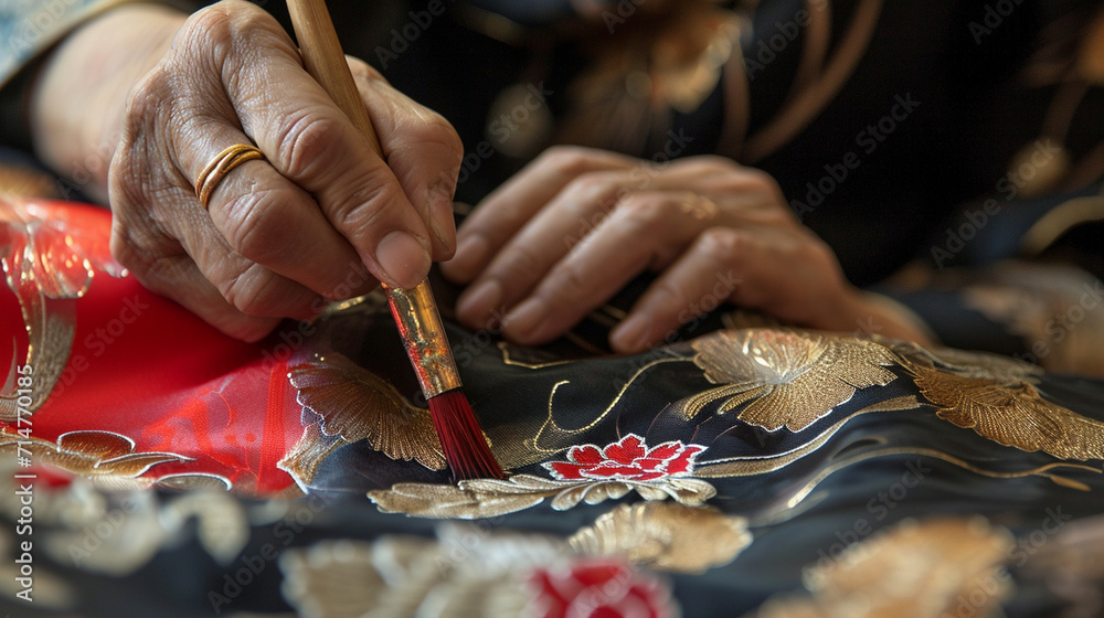 A close-up of an artisan's hands meticulously hand-painting silk fabric ...